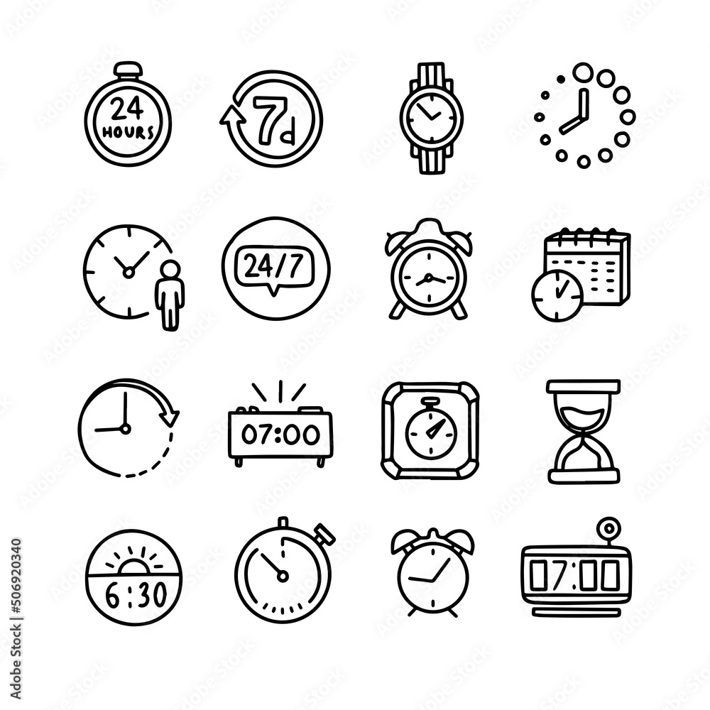 Vector Set Of Time Clock Icons Outline Doodle Drawing Style Stock vector-set-of-time-clock-icons-outline-doodle-drawing-style-stock
