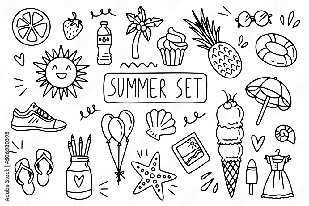 Outline doodle summer drawings. Beach sun hot for teens. Simple hand ...