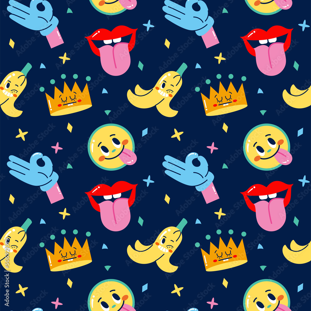Colored seamless pattern background with different emotes Vector ...