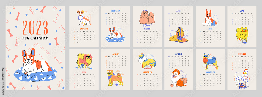 Dog vector calendar 2023. Isolated on beige background. Collection with ...
