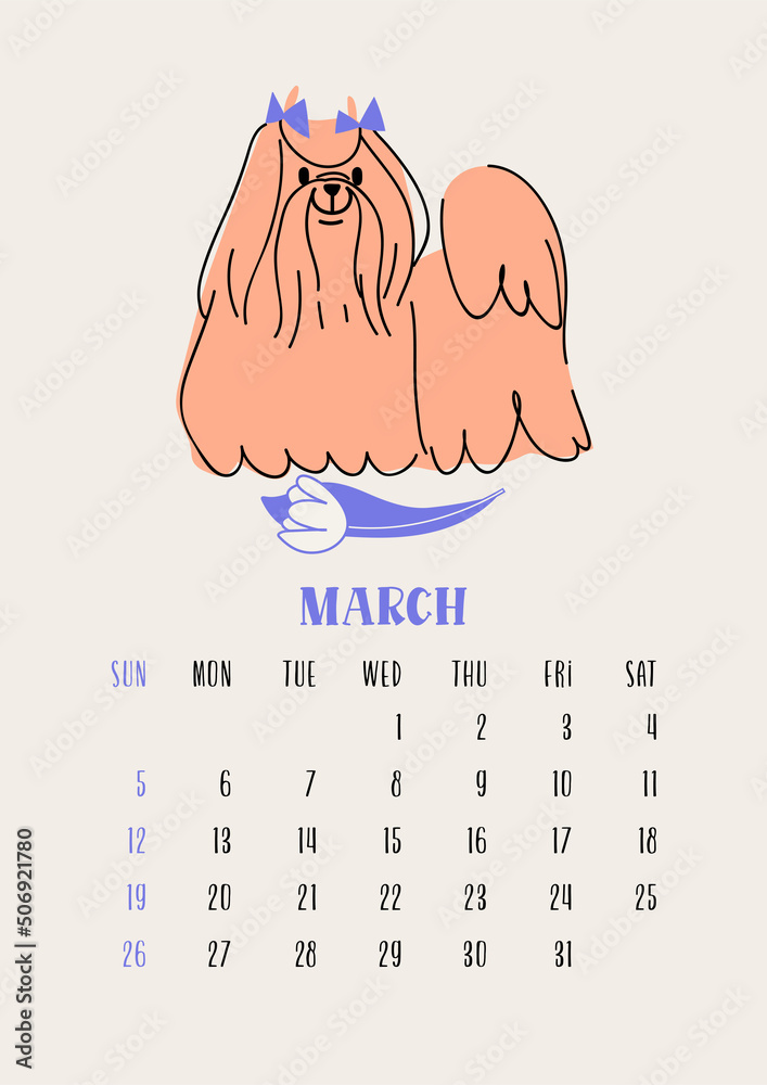Vertical calendar for march 2023 with maltese dog. Isolated on beige ...