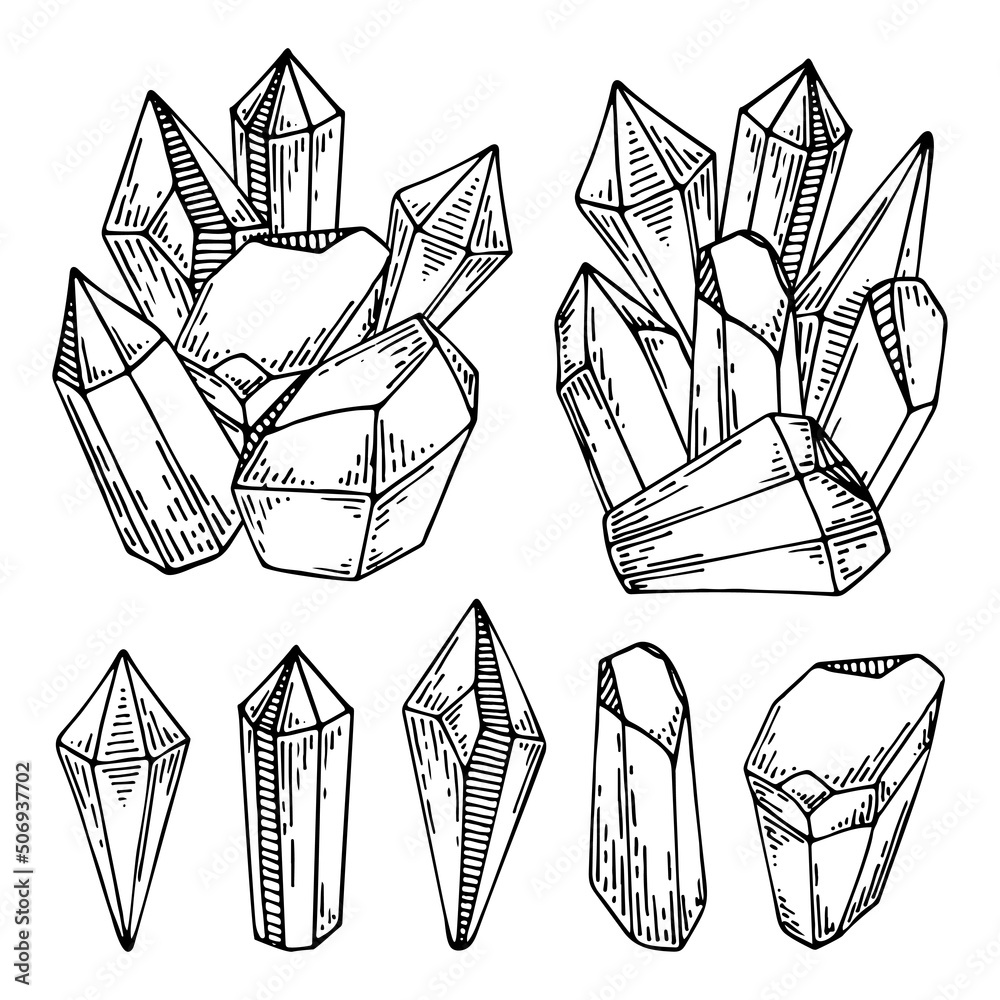Set crystal line art. Glass stone with different facets. Staloctite ...