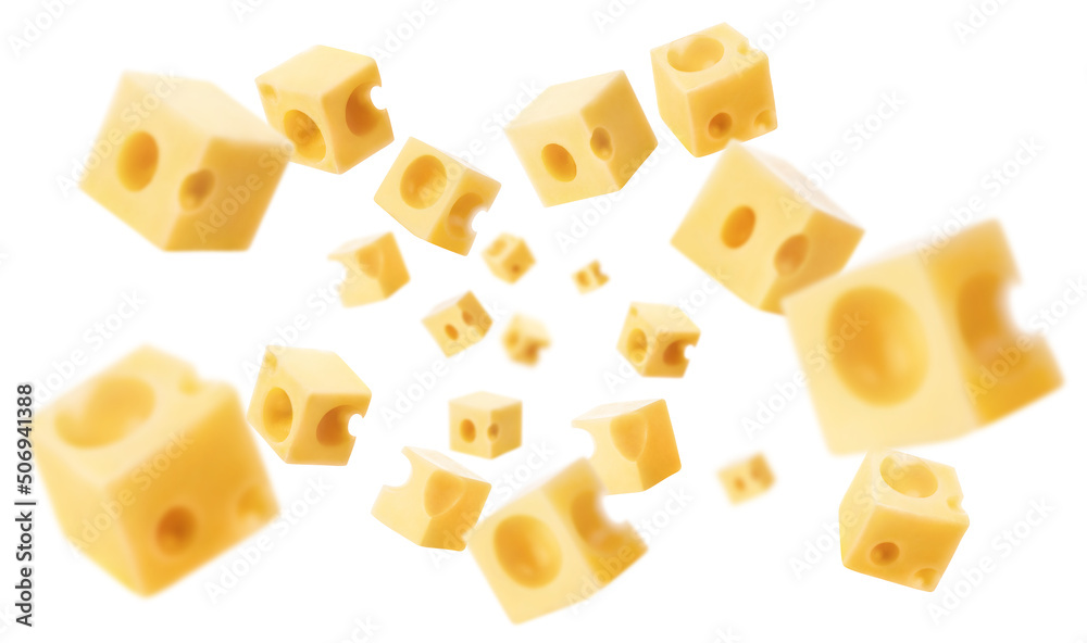 Flying cheese cubes, isolated on white background Stock Photo | Adobe Stock