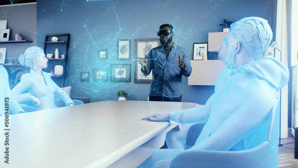 African American man in VR glasses in the cyberspace of the meta ...