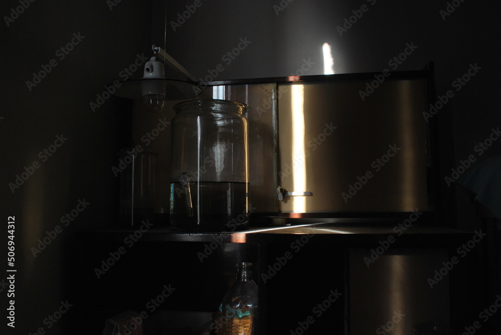 old forgotten lab, mysterious shapes, low light, vintage, old ...