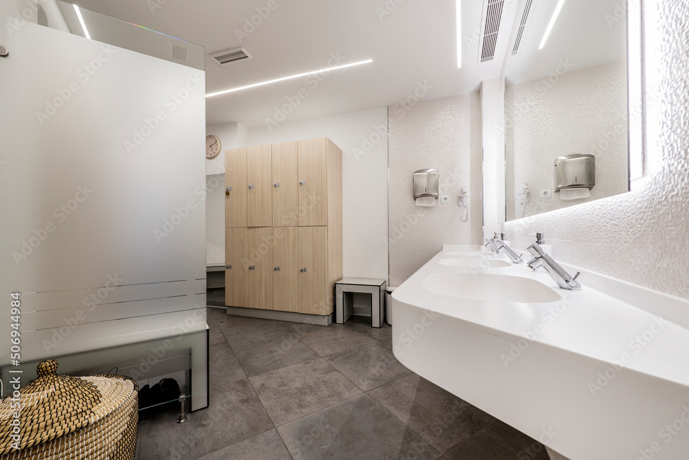 Toilet of a locker room of a gym with lockers and resin sink Stock ...