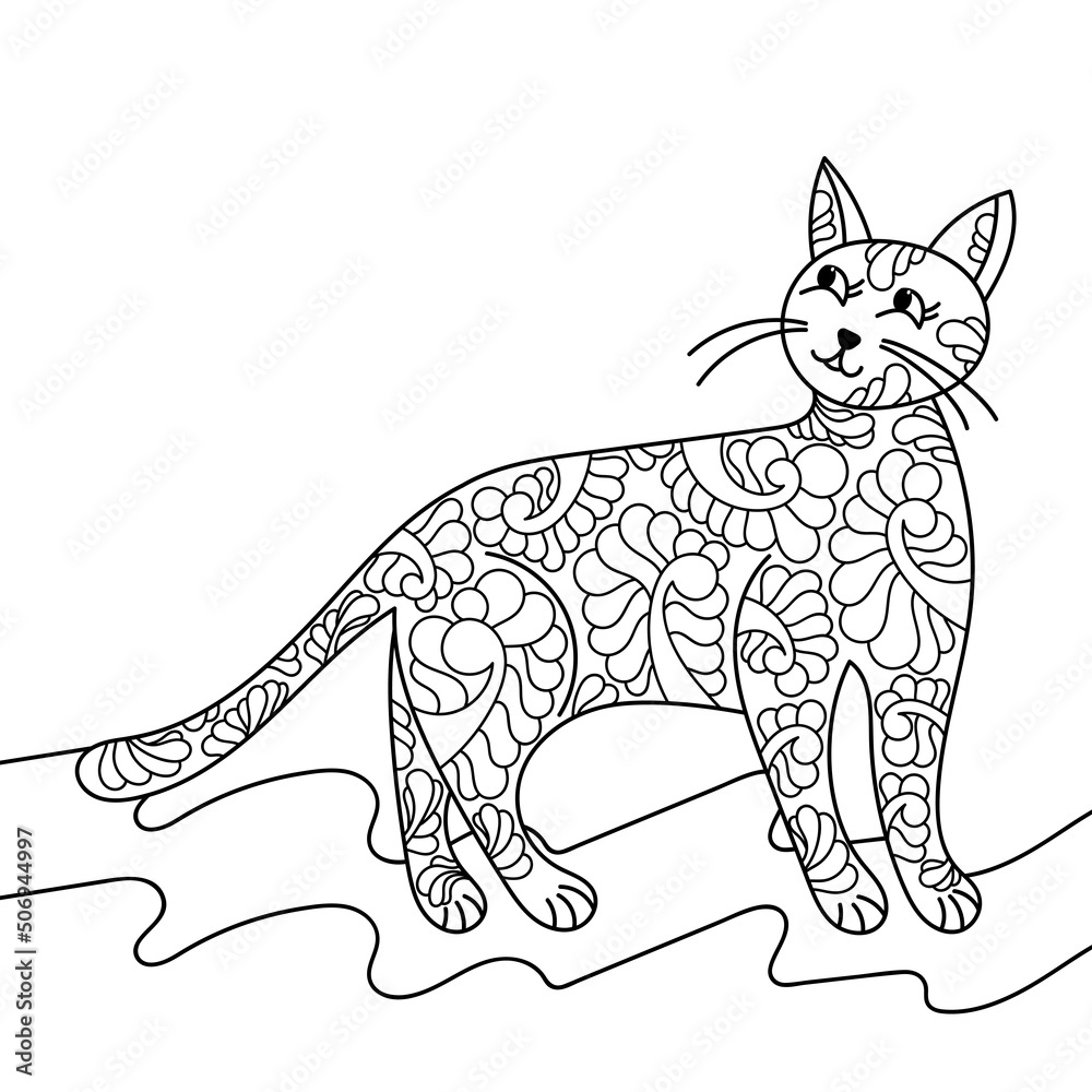Cute cat coloring page for adult. The animal is decorated with an ...