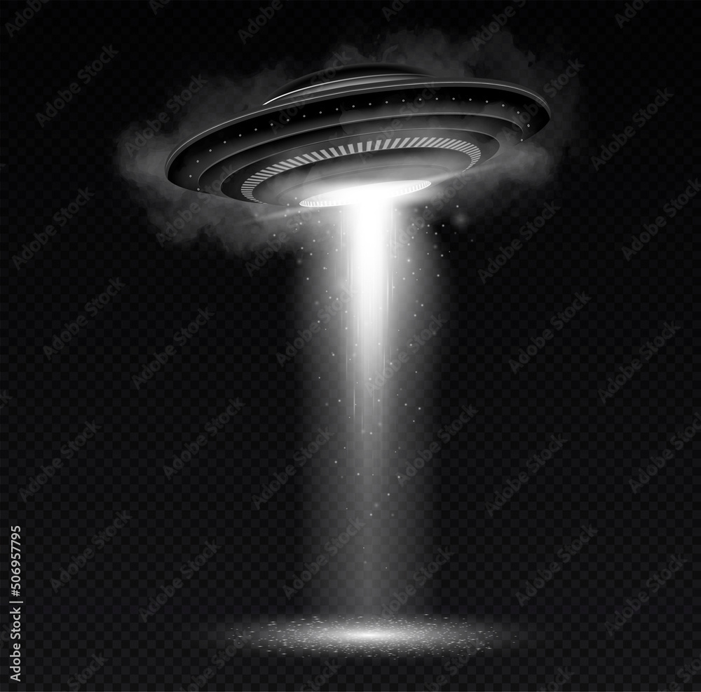 Realistic silver UFO. Beam of light for kidnapping people in space ...