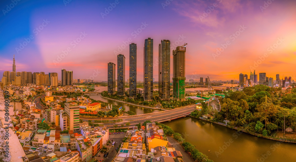 Poster Aerial view of Bitexco Tower, buildings, roads, Thu Thiem 2 ...