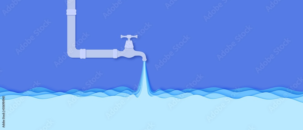 Faucet from which water flows in paper cut style. Flowing liquid and ...