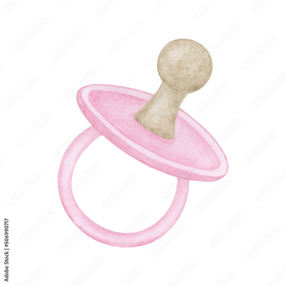 Newborn baby girl pink pacifier watercolor illustration. Cute hand ...