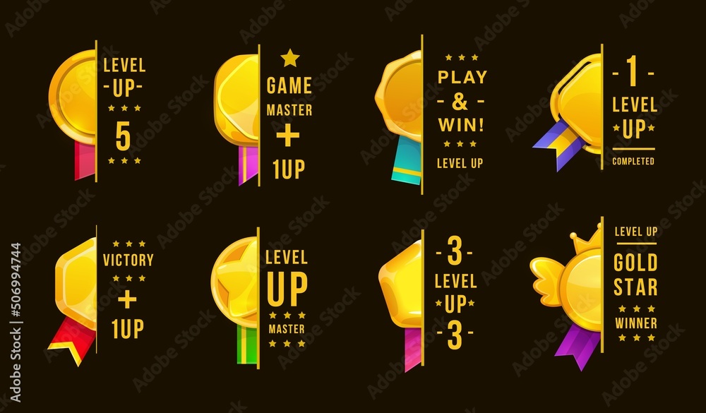 Golden level up labels, game icons and star reward bonus, vector UI or ...