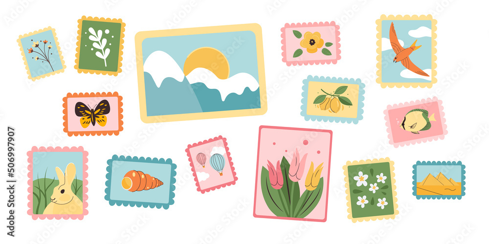 Postage stamps and post cards. Different modern postal stickers for ...