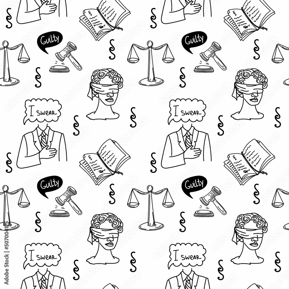 A seamless pattern of law and justice symbols, a hand-drawn sketch ...