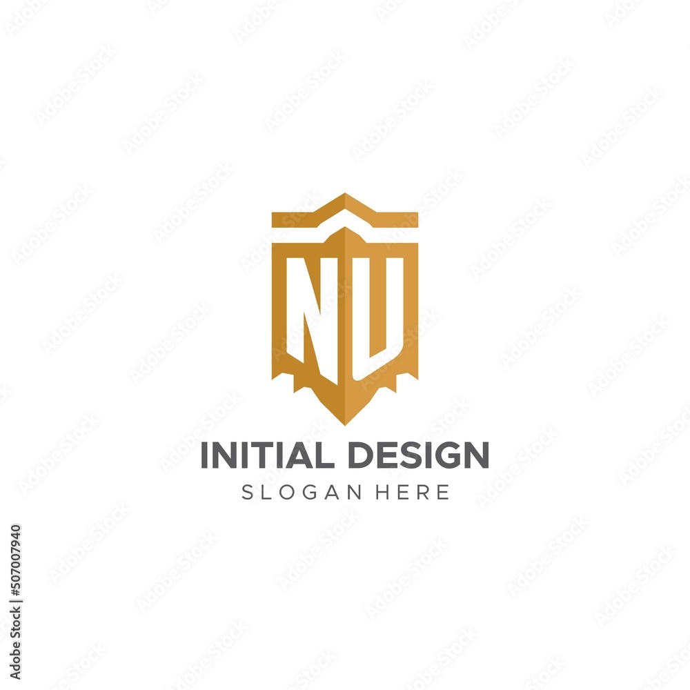 Monogram NU logo with shield geometric shape, elegant luxury initial ...