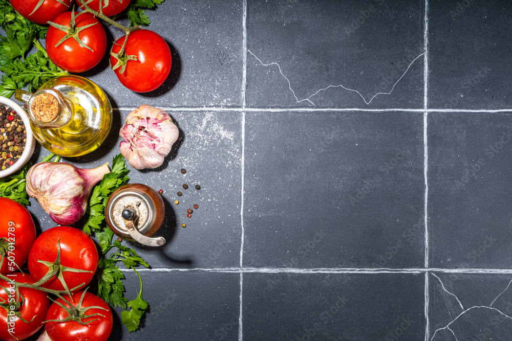 Cooking ingredients background. Spices, black pepper, garlic, onion ...