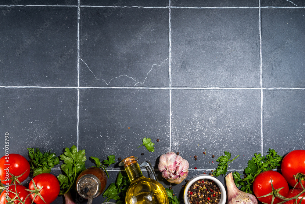 Cooking ingredients background. Spices, black pepper, garlic, onion ...