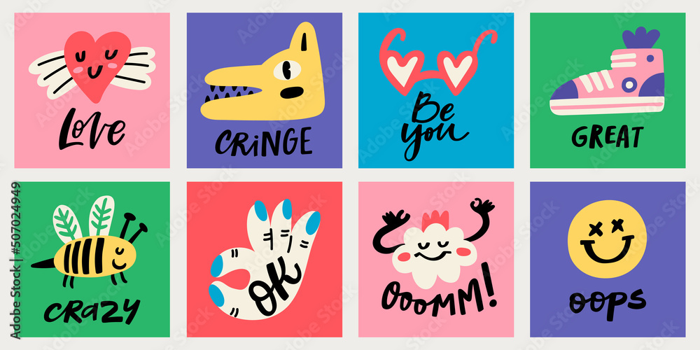 Funny colorful stickers or pins collection, cute comic characters and ...