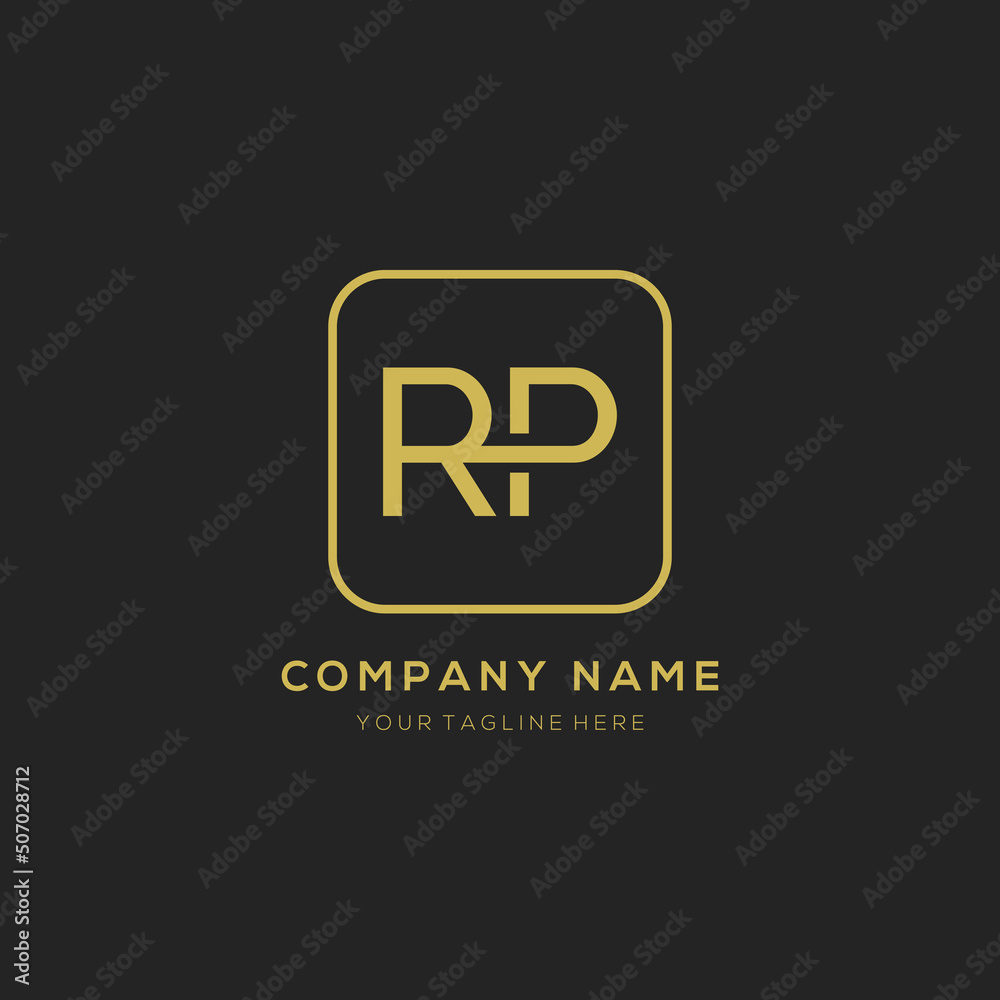 Initial letter RP logo design vector dark concept with golden square ...