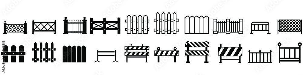Fence flat line icon set. Wood fencing, metal profiled sheet, wire mesh ...