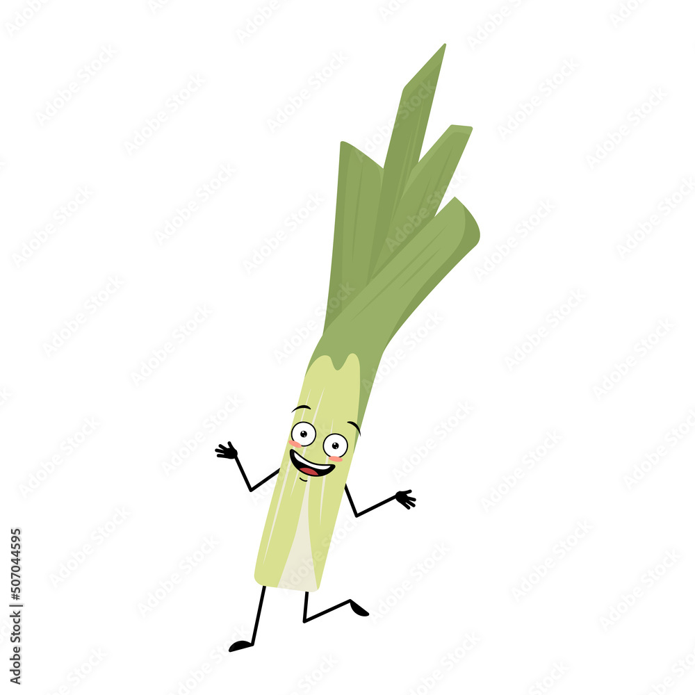 Cute green leek character with crazy joyful emotions, happy face, smile ...