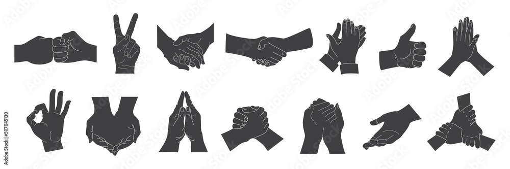 Hand set, Handshake, Hands gestures set. Hands with signs and symbols ...