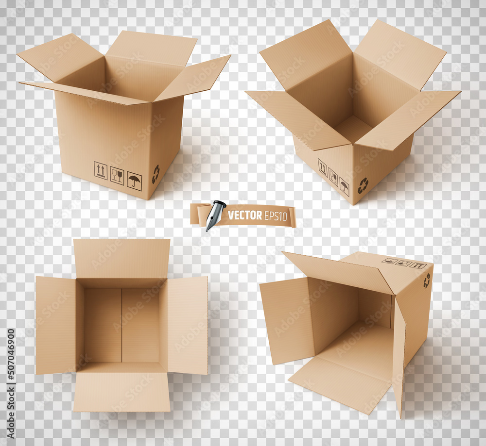 Vector realistic illustration of brown cardboard boxes on a transparent ...