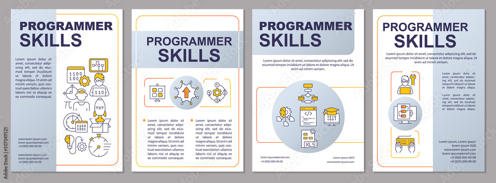 Programmer skills grey brochure template. Professional developer. Leaflet design with linear ...