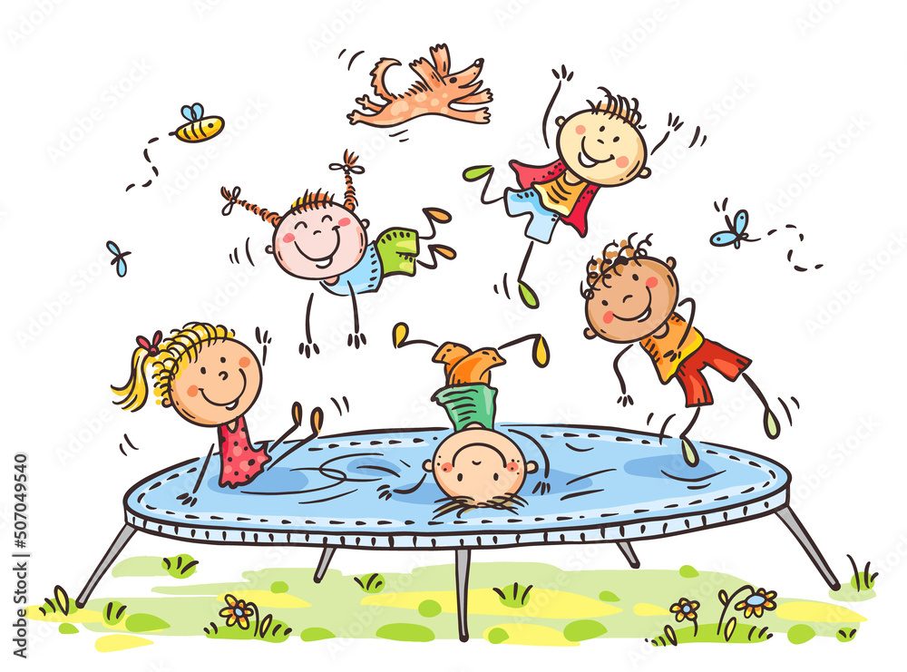 Cartoon happy cute funny doodle kids jumping on trampoline Stock Vector ...