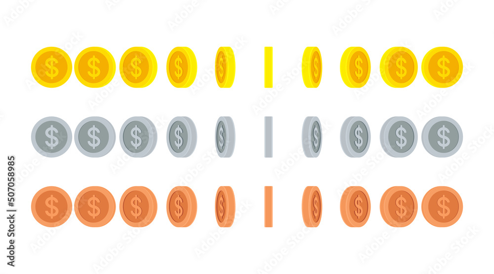 Gold, silver and copper dollar coins rotating. Vector animation sprite ...