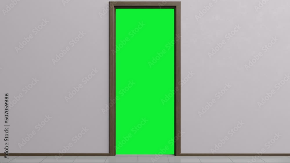 3D rendering of a wooden door, opens and the camera goes into a green ...