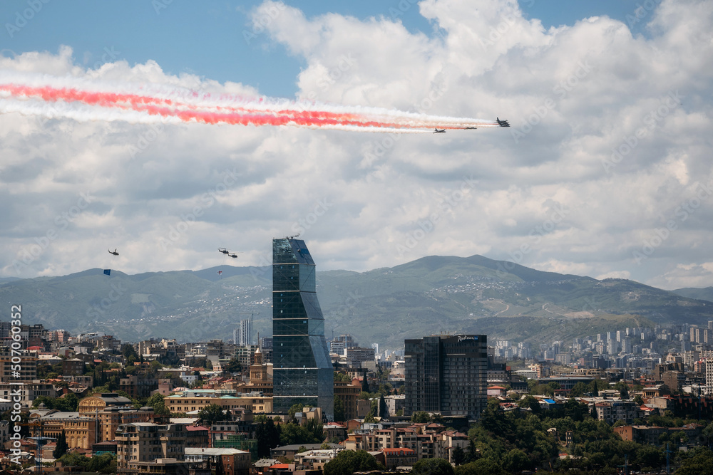 Independence Day of Georgia. Airplanes are flying over Tbilisi and ...