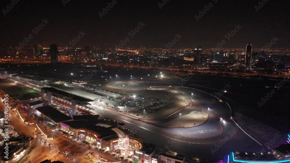 Aerial view of full Dubai Autodrome race track, endurance racing during ...