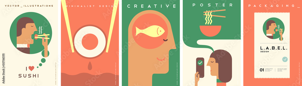 Sushi rolls. Delivery of Chinese food. Set of vector illustrations ...