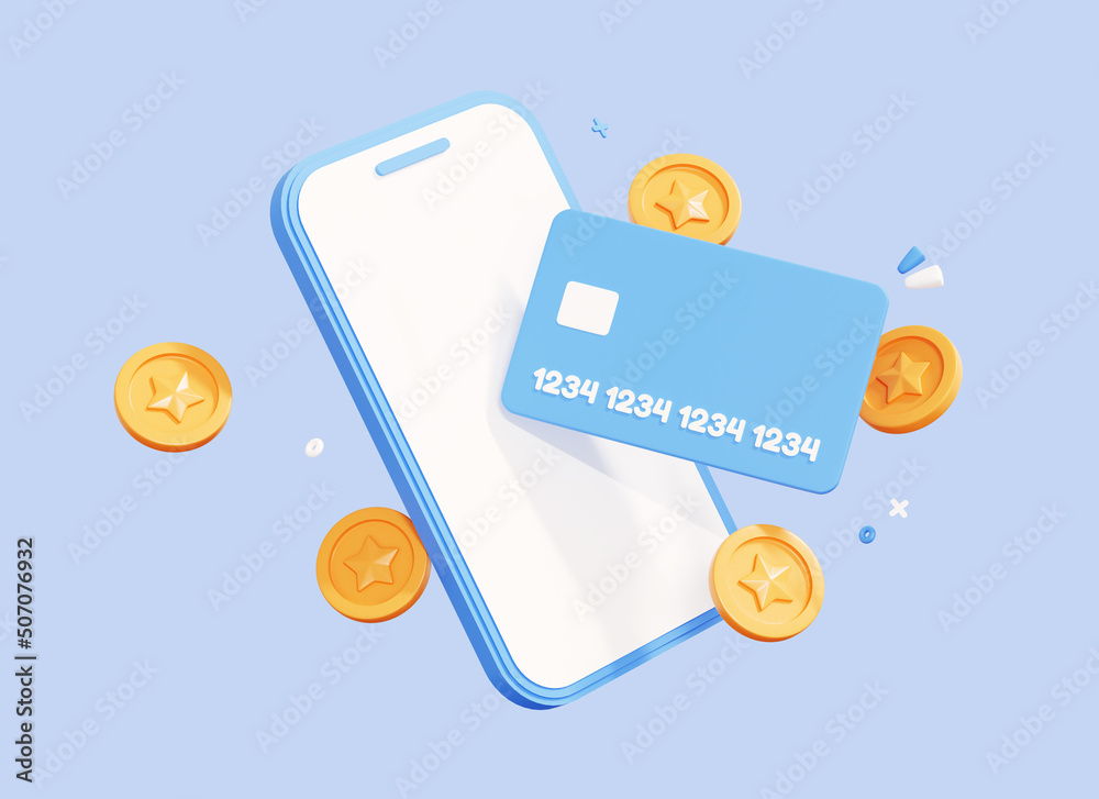 3D Phone with credit card and coin. Online payment concept. Mobile ...