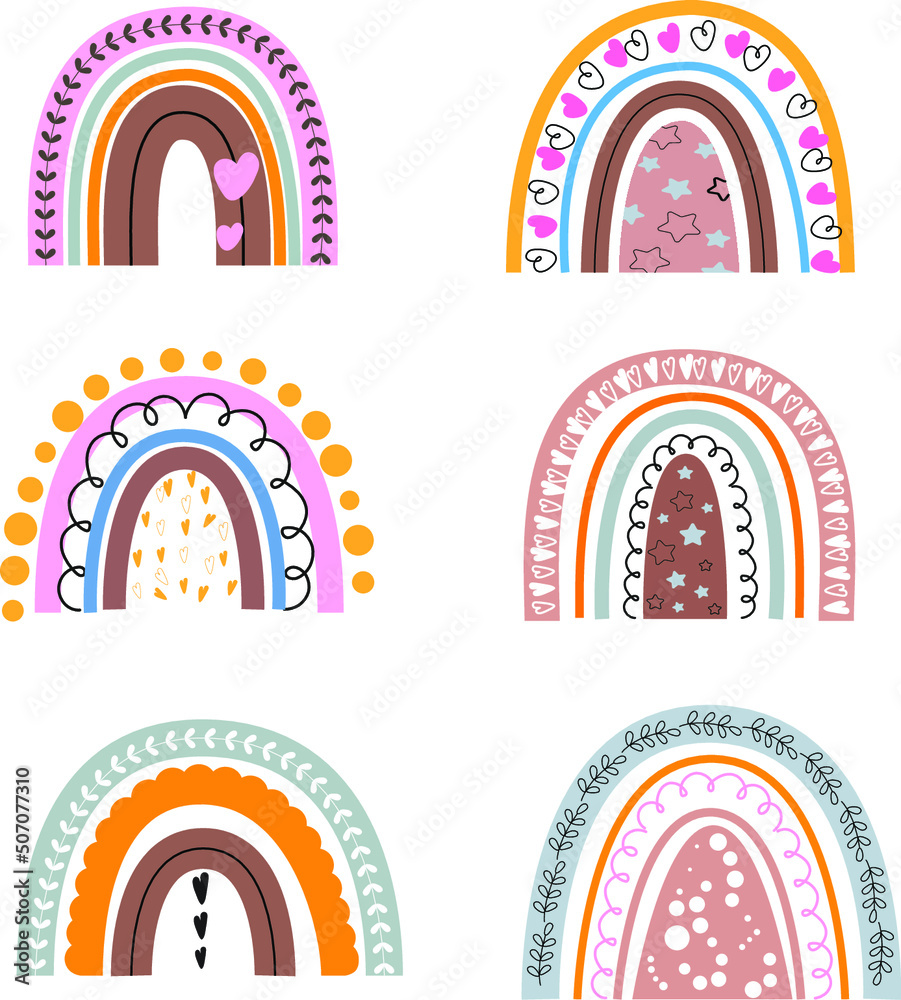 Scandinavian boho rainbows set with clouds, stars, drops, crescent in ...