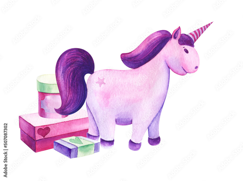 Hand painted watercolor illustration. Little girl's presents. purple ...