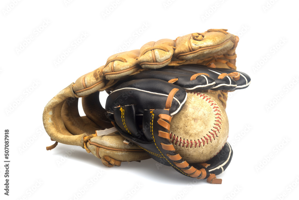 Fotografia Child baseball glove and adult baseball glove isolated on white background bigjom Kup na Posters.pl
