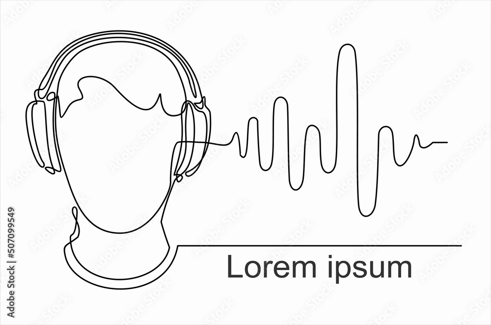 continuous line drawing of man listening music in headphones wuth sound ...