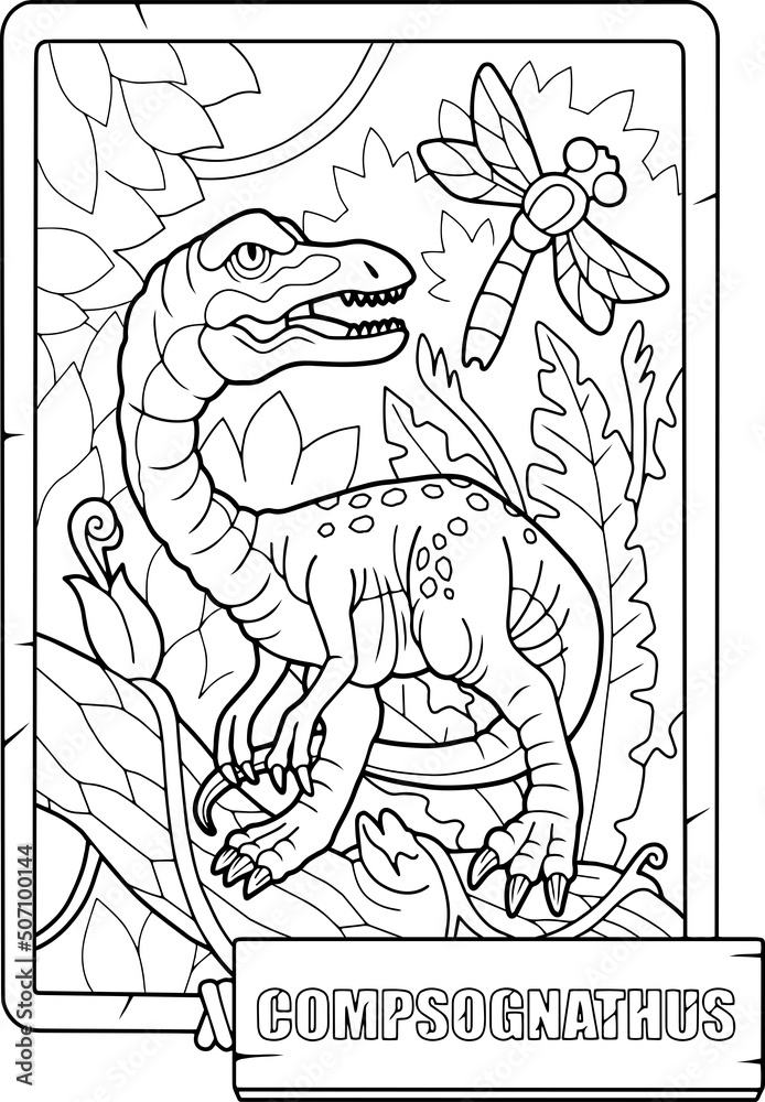 prehistoric dinosaur compsognathus, coloring book for children, outline ...