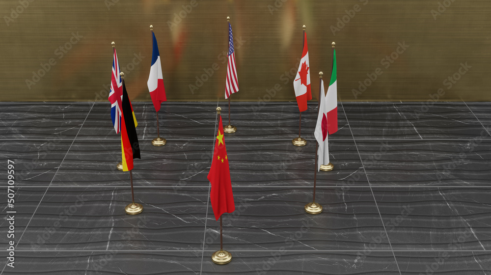 G7 summit. flags of members of G7 group of seven and list of countries ...