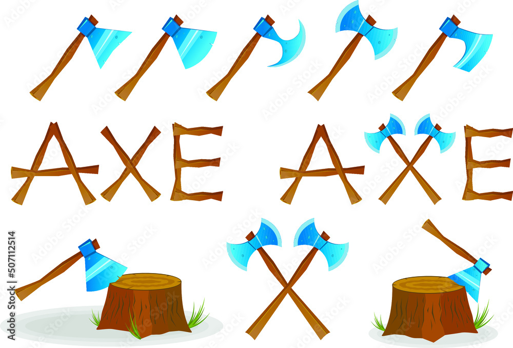 Vector images of cartoon axes in different shapes. Set of axes of ...