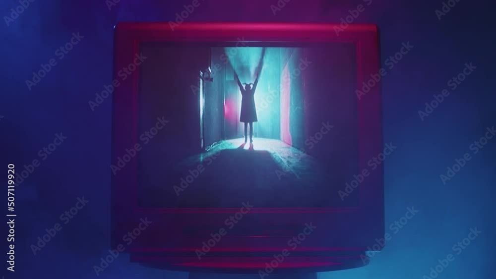 Horror film. Old tv screen with devil close-up. Creepy exorcist with ...