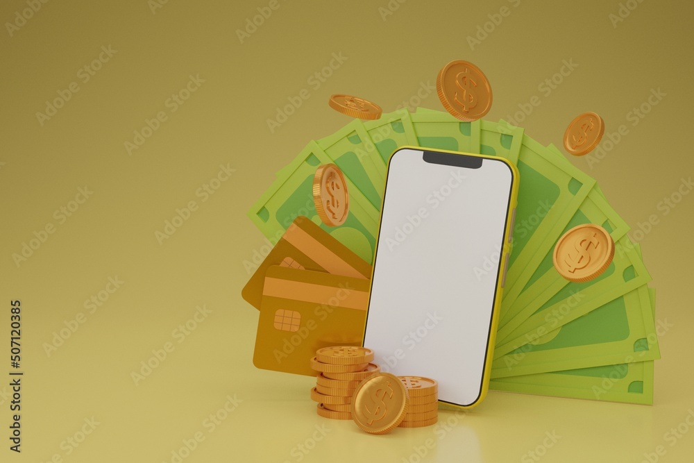 Cash money flew out of smartphone with blank display and flying coin ...