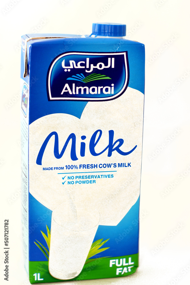 Cairo, Egypt, May 24 2022: Almarai full fat creamy fresh cow's milk of ...