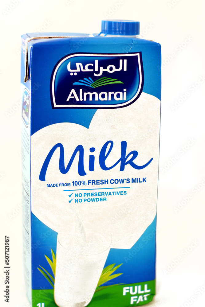 Cairo, Egypt, May 24 2022: Almarai full fat creamy fresh cow's milk of 1 one liter container ...