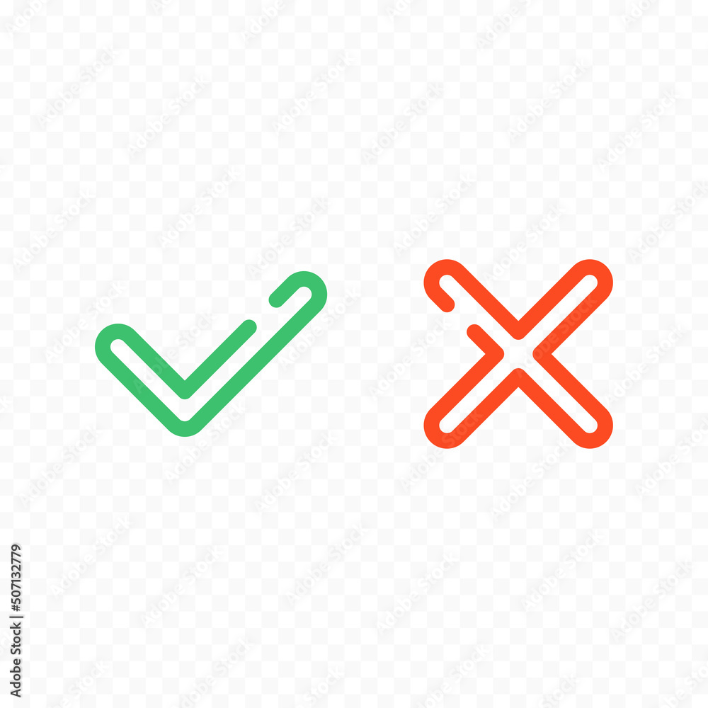 Thin line check mark icons set isolated on white background. Green tick ...