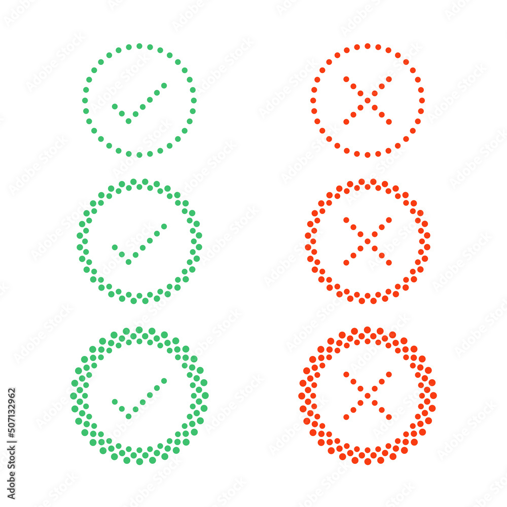 Thin dot check mark icons set isolated on white background. Green tick ...