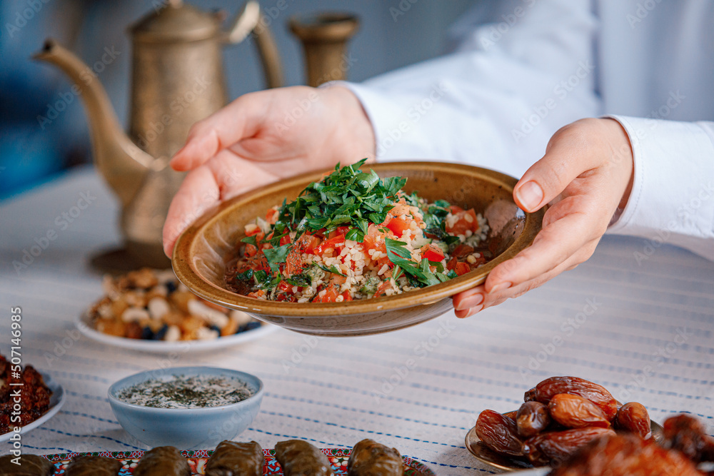 Tabbouleh Vegetable Salad close-up, middle eastern national traditional ...