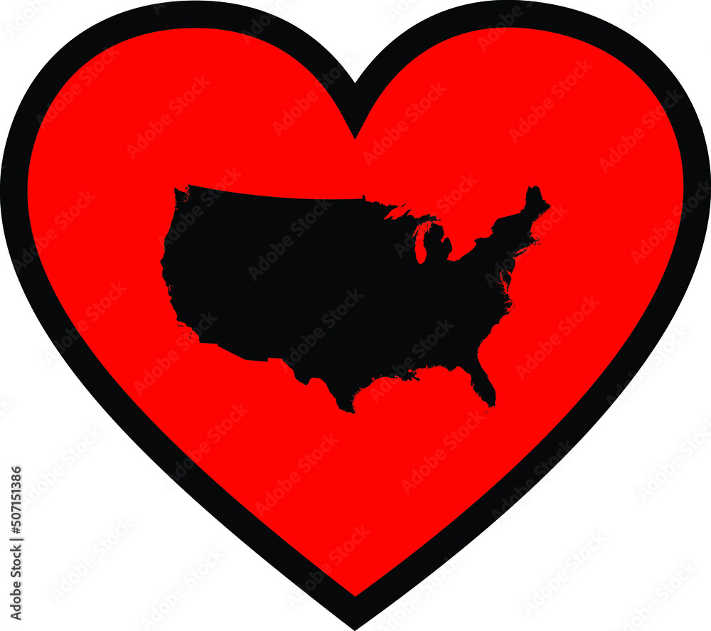Black Map of United States of America inside red heart shape with black ...
